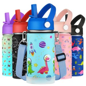 werewolves 14oz kids water bottle with straw lid, shoulder strap and boot - insulated stainless steel, reusable leakproof metal water bottles for school (space dinosaur (strap), 14 oz)