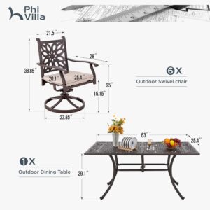 PHI VILLA Cast Aluminum Patio Dining Set for 6 Person, 7 Piece Outdoor Patio Set with 63" x 37.4" Cast-Top Aluminum Table(2.3" Umbrella Hole) and 6 Swivel Rockers Dining Chairs with Cushions