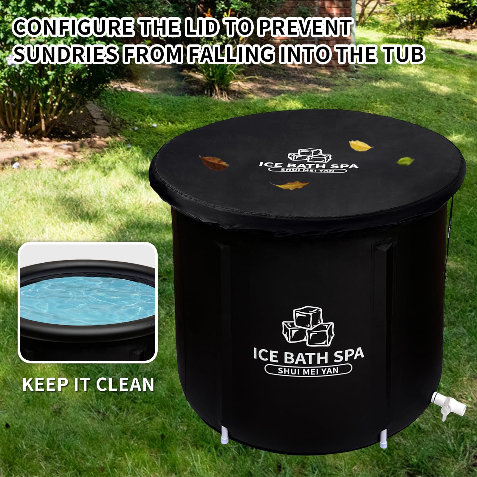 SHUIMEIYAN Large Ice Bath Tub Outdoor with Cover Portable Bathtub Athletes Cold Water Therapy Tub for Recovery Cold Plunge Tub Ice Barrel Ice Bath Tub (8217 black with cover-29.5"Φ x 29.5"H)