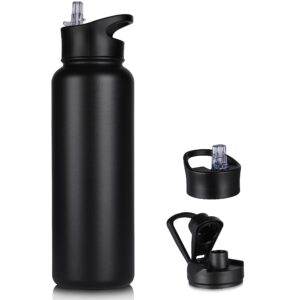 vqrrcki 40 oz insulated water bottle with straw, stainless steel sports water bottles with 2 lids (straw and wide mouth lid), double wall vacuum, leakproof, bpa-free, black