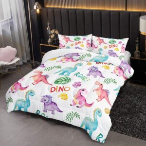 XYNHML Cartoon Dinosaur Comforter Set Twin 3Pc Kawaii Dinosaur Bedding Set All Season with Tree, Leaf Decoration Includes 1 Comforter, 2 Pillowcases for Kids Girls Teens