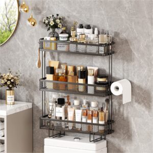 fokyfok over toilet bathroom organizer, over the toilet storage shelf,behind toilet shelf rack,above toilet storage, back of toilet organizer,3 tier metal black large