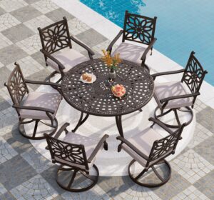 phi villa cast aluminum patio dining set for 6 person, 7 piece outdoor patio set with 54" dia cast-top aluminum table(2.1" umbrella hole) and 6 swivel rockers dining chairs with seat cushions