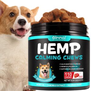 oimmal hemp calming chews for dogs - calming treats for dogs with hemp + valerian root, stress & dog anxiety relief - calming dog treats helps aid with thunder, fireworks, chewing & barking