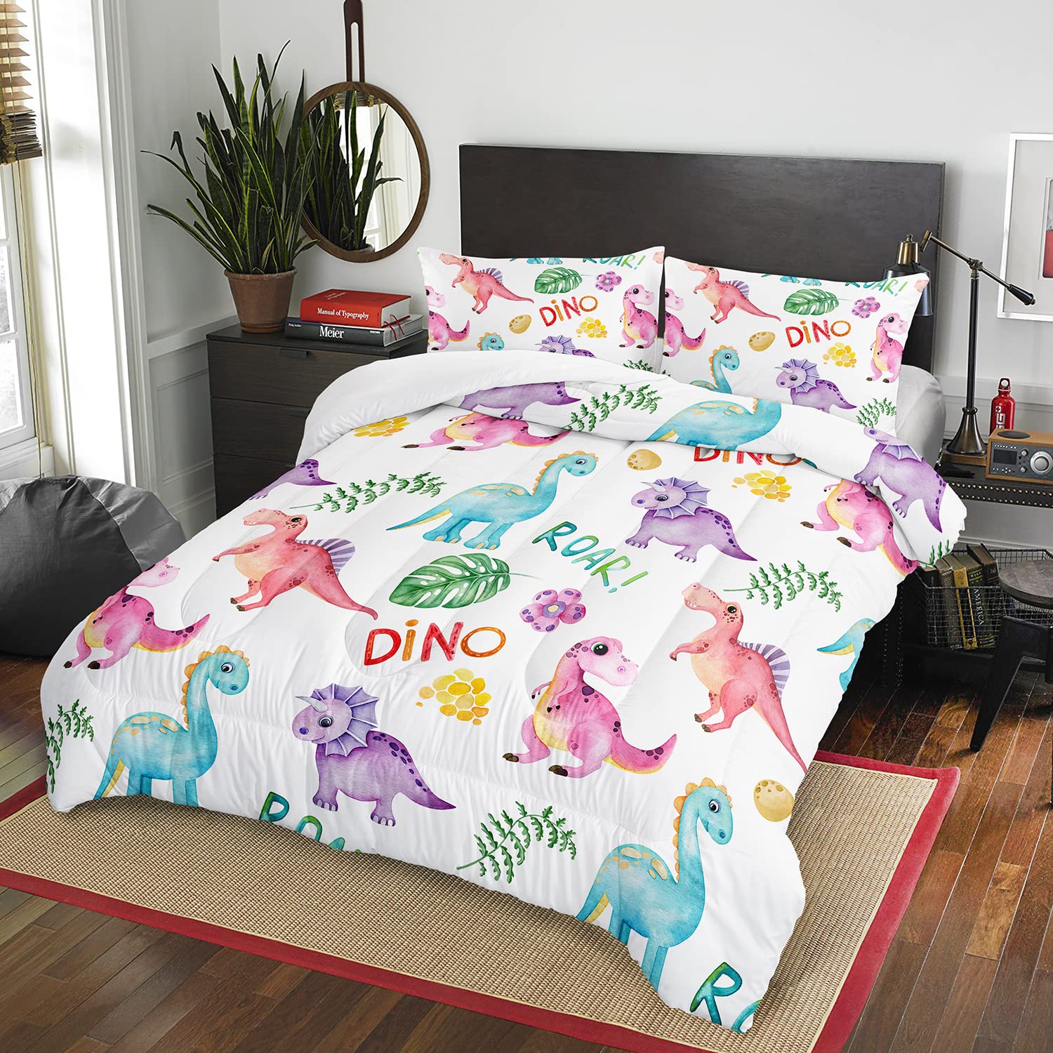 XYNHML Cartoon Dinosaur Comforter Set Twin 3Pc Kawaii Dinosaur Bedding Set All Season with Tree, Leaf Decoration Includes 1 Comforter, 2 Pillowcases for Kids Girls Teens