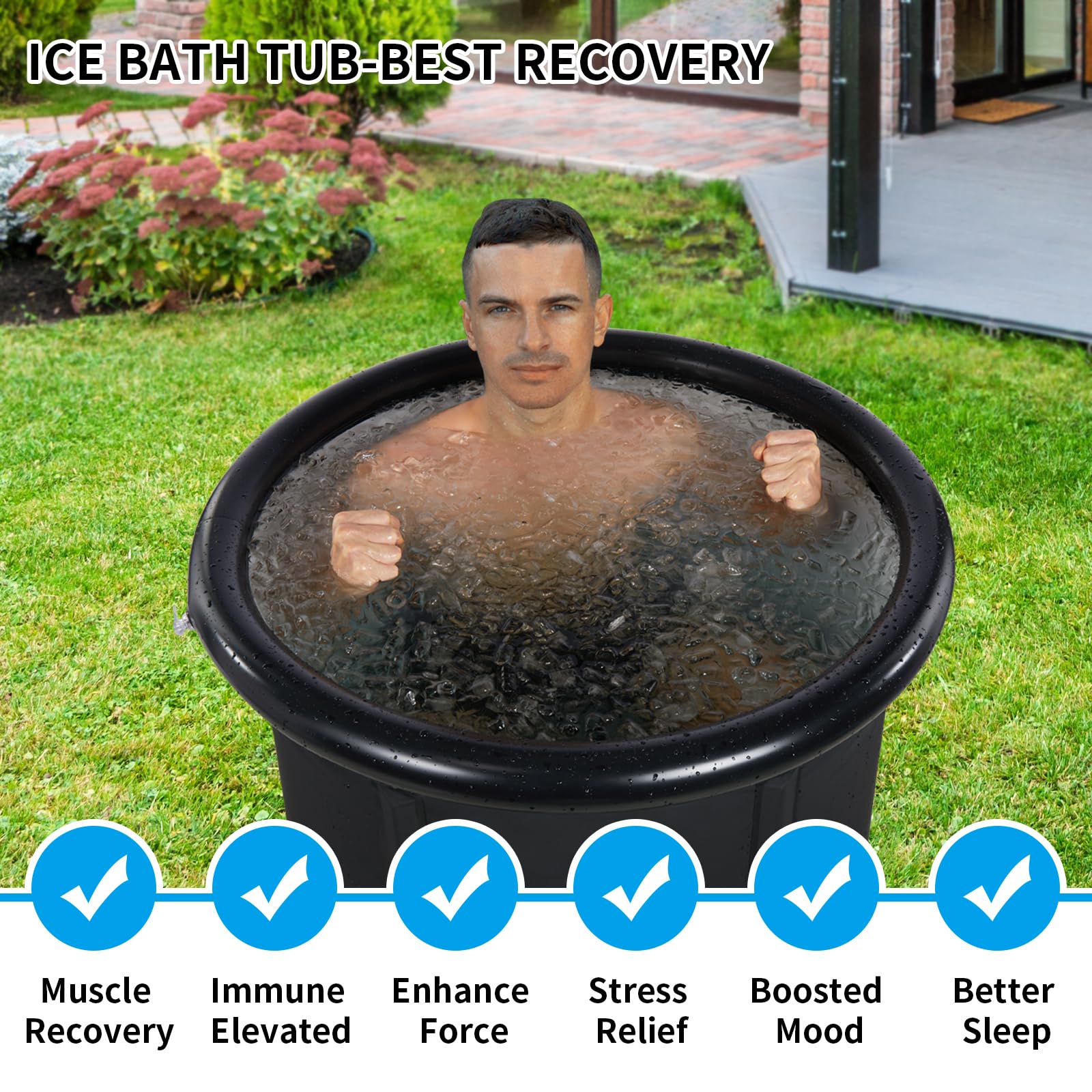 SHUIMEIYAN Large Ice Bath Tub Outdoor with Cover Portable Bathtub Athletes Cold Water Therapy Tub for Recovery Cold Plunge Tub Ice Barrel Ice Bath Tub (8217 black with cover-29.5"Φ x 29.5"H)