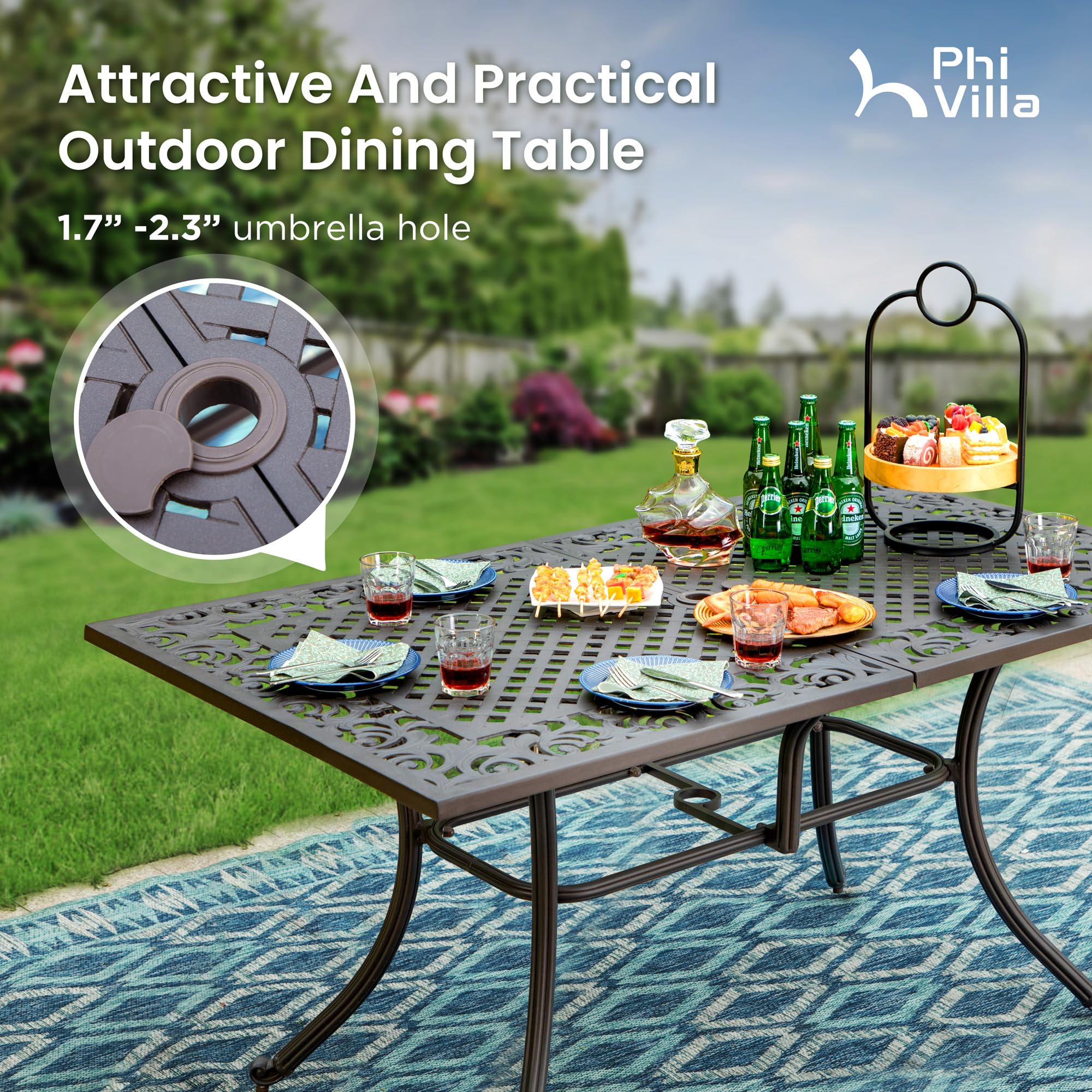 PHI VILLA Cast Aluminum Patio Dining Set for 6 Person, 7 Piece Outdoor Patio Set with 63" x 37.4" Cast-Top Aluminum Table(2.3" Umbrella Hole) and 6 Swivel Rockers Dining Chairs with Cushions