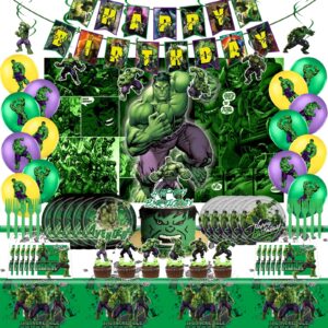 hulk birthday party supplies, hulk birthday packs include happy birthday banner, hanging swirl, backdrop, cake & cupcake topper, balloon, plates, napkins, tablecloth, superhero birthday party for kids