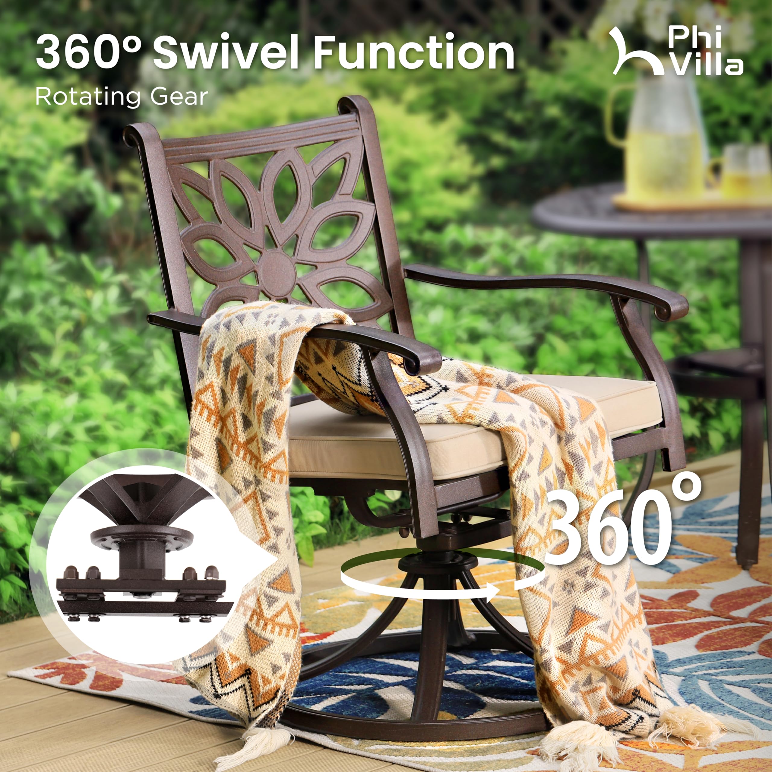 PHI VILLA Cast Aluminum Patio Dining Set for 6 Person, 7 Piece Outdoor Patio Set with 63" x 37.4" Cast-Top Aluminum Table(2.3" Umbrella Hole) and 6 Swivel Rockers Dining Chairs with Cushions