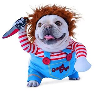 chucky deadly pet dog costume halloween clothes wig and knife novelty funny scary props outfit apparel accessories(medium, pet costume)