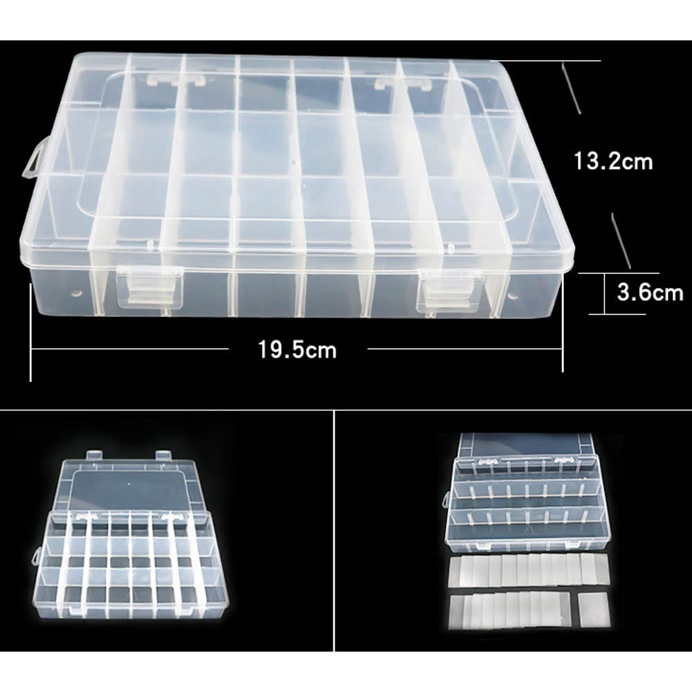 Lheng 3Pcs 24 Grids Box Size 7.7"x5.2"x1.4" Plastic Organizer Box with Adjustable Dividers for Crafts, Bead, Fishing Tackle Storage