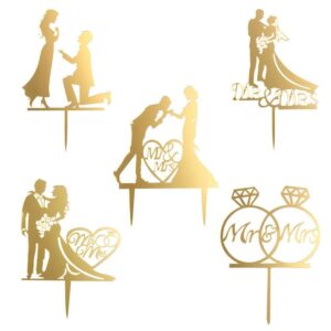 homesogood 5pcs wedding cake topper bride groom mr mrs wedding decorations acrylic gold cake toppers marriage party supplies adult favors(6.3inch,gold)