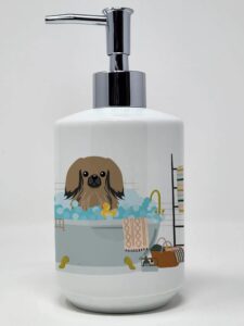 caroline's treasures wdk5799soap tan pekingese in bathtub ceramic soap dispenser hand soap dispenser pump bottles for bathroom kitchen, empty refillable liquid soap container