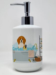 caroline's treasures wdk5737soap tricolor beagle in bathtub ceramic soap dispenser hand soap dispenser pump bottles for bathroom kitchen, empty refillable liquid soap container