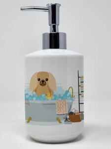 caroline's treasures wdk5801soap fawn sable pekingese in bathtub ceramic soap dispenser hand soap dispenser pump bottles for bathroom kitchen, empty refillable liquid soap container