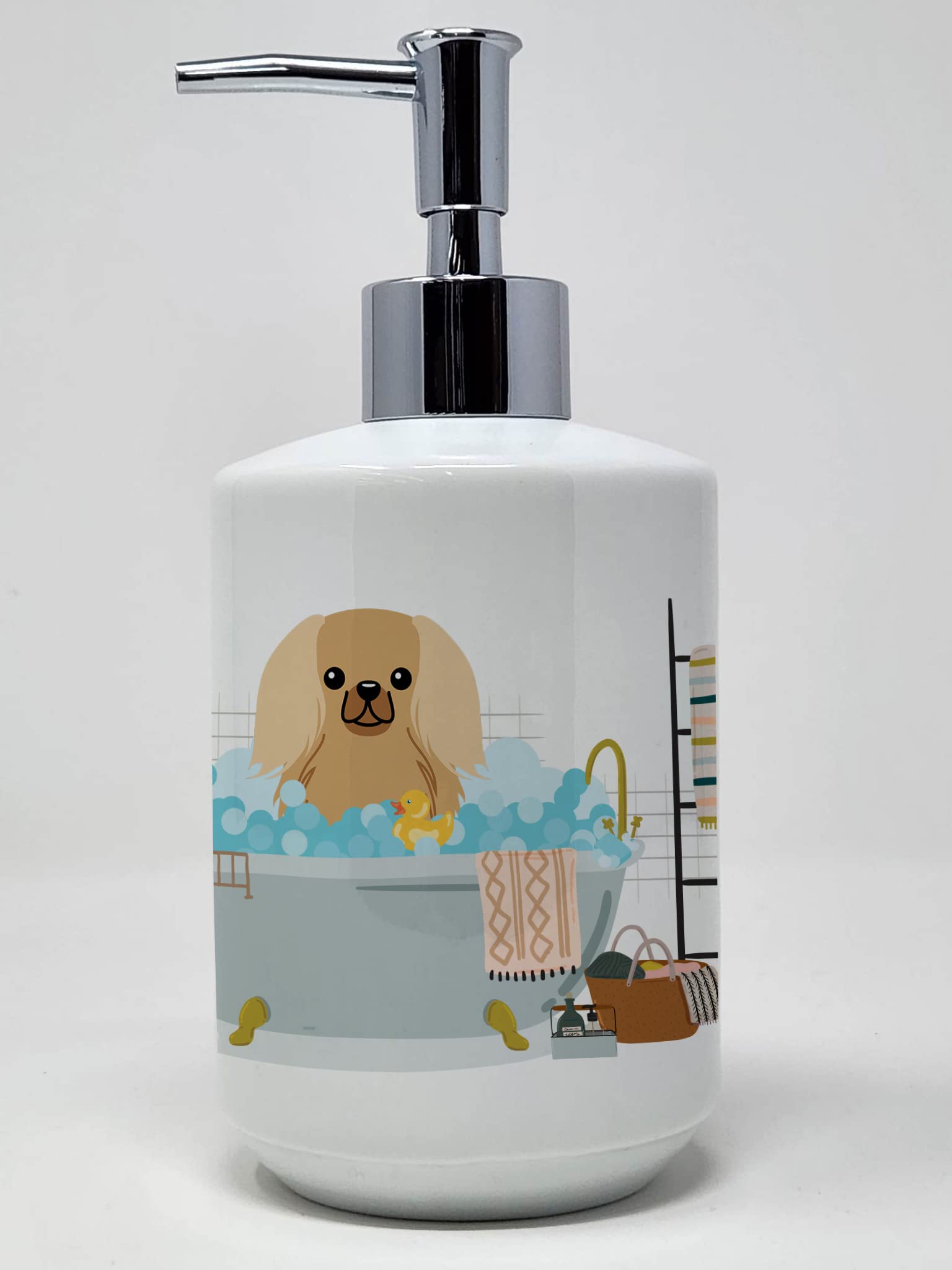 Caroline's Treasures WDK5801SOAP Fawn Sable Pekingese in Bathtub Ceramic Soap Dispenser Hand Soap Dispenser Pump Bottles for Bathroom Kitchen, Empty Refillable Liquid Soap Container