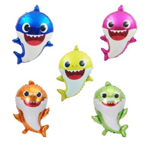 dapin baby shark party decorations, 5 pack shark helium balloons 24 inches, suitable for ocean theme parties, baby shark family theme birthdays, undersea parties (5 color sharks)