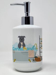 caroline's treasures wdk5743soap blue staffordshire bull terrier in bathtub ceramic soap dispenser hand soap dispenser pump bottles for bathroom kitchen, empty refillable liquid soap container