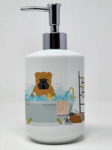 caroline's treasures wdk5819soap red english bulldog in bathtub ceramic soap dispenser hand soap dispenser pump bottles for bathroom kitchen, empty refillable liquid soap container