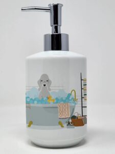 caroline's treasures wdk5787soap blue bedlington terrier in bathtub ceramic soap dispenser hand soap dispenser pump bottles for bathroom kitchen, empty refillable liquid soap container