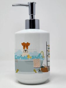 caroline's treasures wdk5798soap wire fox terrier in bathtub ceramic soap dispenser hand soap dispenser pump bottles for bathroom kitchen, empty refillable liquid soap container