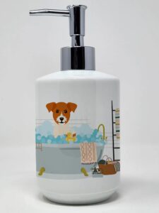 caroline's treasures wdk5805soap jack russell terrier in bathtub ceramic soap dispenser hand soap dispenser pump bottles for bathroom kitchen, empty refillable liquid soap container