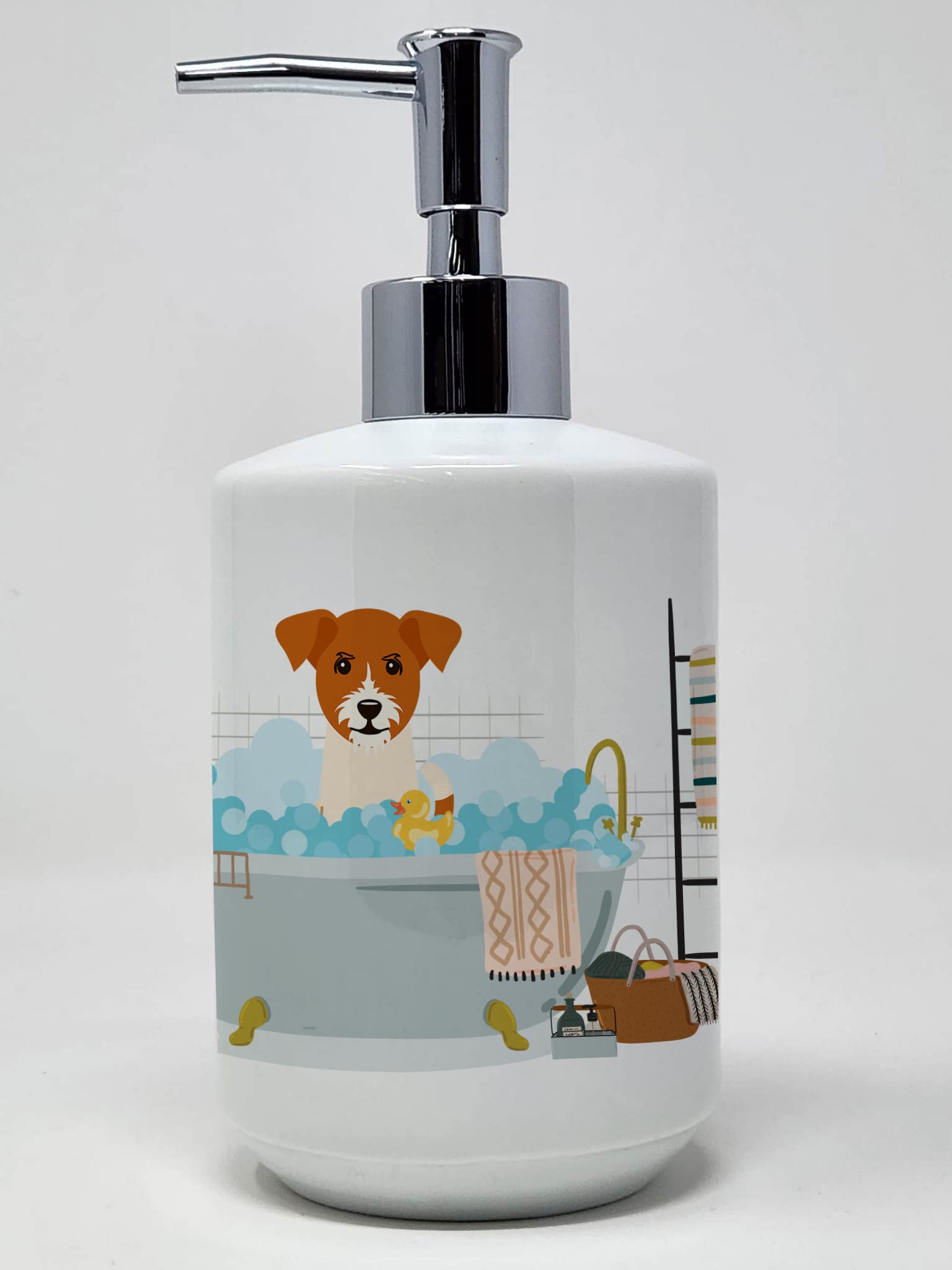 Caroline's Treasures WDK5805SOAP Jack Russell Terrier in Bathtub Ceramic Soap Dispenser Hand Soap Dispenser Pump Bottles for Bathroom Kitchen, Empty Refillable Liquid Soap Container