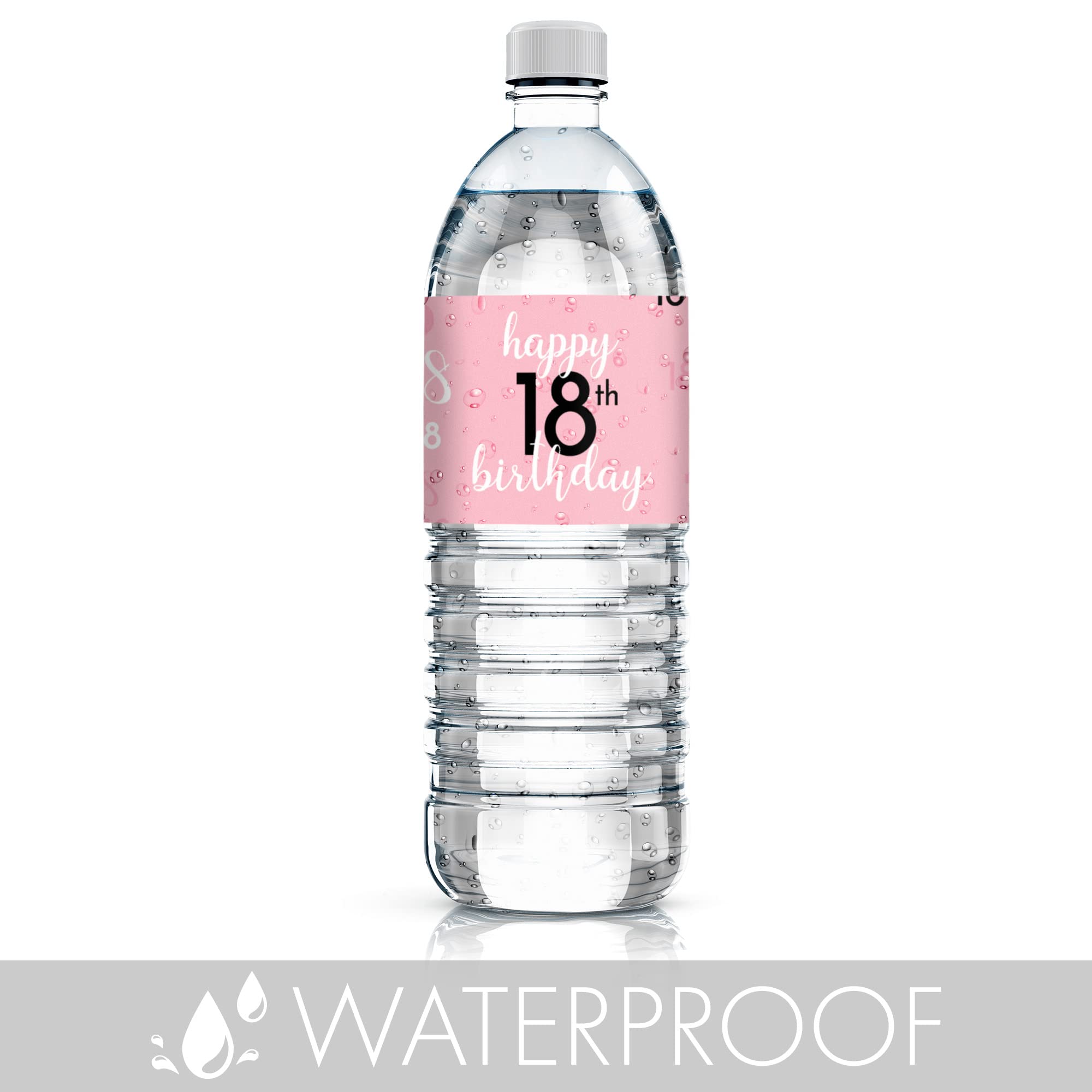 Pink, Black, and White 18th Birthday Party Water Bottle Labels - 24 Waterproof Wrappers, 18th Birthday Decorations for Girls Pink