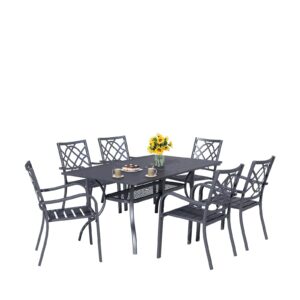 crownland 7 pcs furniture patio dining set, 6 stackable metal chairs and rectangular outdoor dining table with 1.57" umbrella hole, suitable for backyard, lawn, garden (metal tabletop)