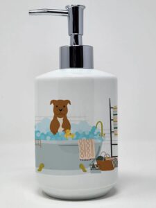 caroline's treasures wdk5744soap brown staffordshire bull terrier in bathtub ceramic soap dispenser hand soap dispenser pump bottles for bathroom kitchen, empty refillable liquid soap container