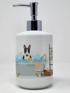 caroline's treasures wdk5830soap black white bull terrier in bathtub ceramic soap dispenser hand soap dispenser pump bottles for bathroom kitchen, empty refillable liquid soap container