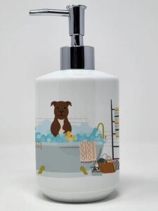 caroline's treasures wdk5745soap chocolate staffordshire bull terrier in bathtub ceramic soap dispenser hand soap dispenser pump bottles for bathroom kitchen, empty refillable liquid soap container