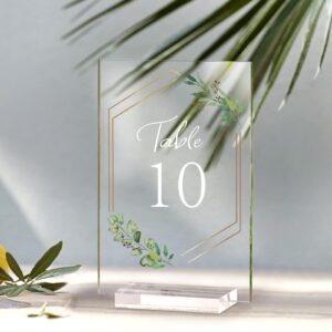 aerwo acrylic wedding table numbers 1-10 with stands, 4x6 inches clear sign place cards with gold trim green floral theme, rustic table numbers for wedding reception anniversary baby bridal shower