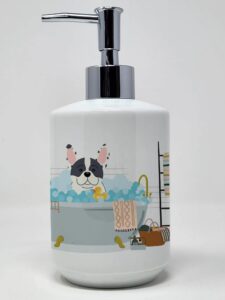 caroline's treasures wdk5708soap piebald french bulldog in bathtub ceramic soap dispenser hand soap dispenser pump bottles for bathroom kitchen, empty refillable liquid soap container