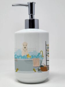 caroline's treasures wdk5758soap soft coated wheaten terrier in bathtub ceramic soap dispenser hand soap dispenser pump bottles for bathroom kitchen, empty refillable liquid soap container