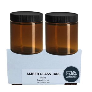 4oz amber glass jar with lids - fda compliant glass, bpa free - small travel container jars - perfect filling for lotion, moisturizer, medicine, pill, face cream, mask - 2 packs