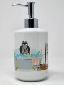 caroline's treasures wdk5786soap black silver shih tzu in bathtub ceramic soap dispenser hand soap dispenser pump bottles for bathroom kitchen, empty refillable liquid soap container