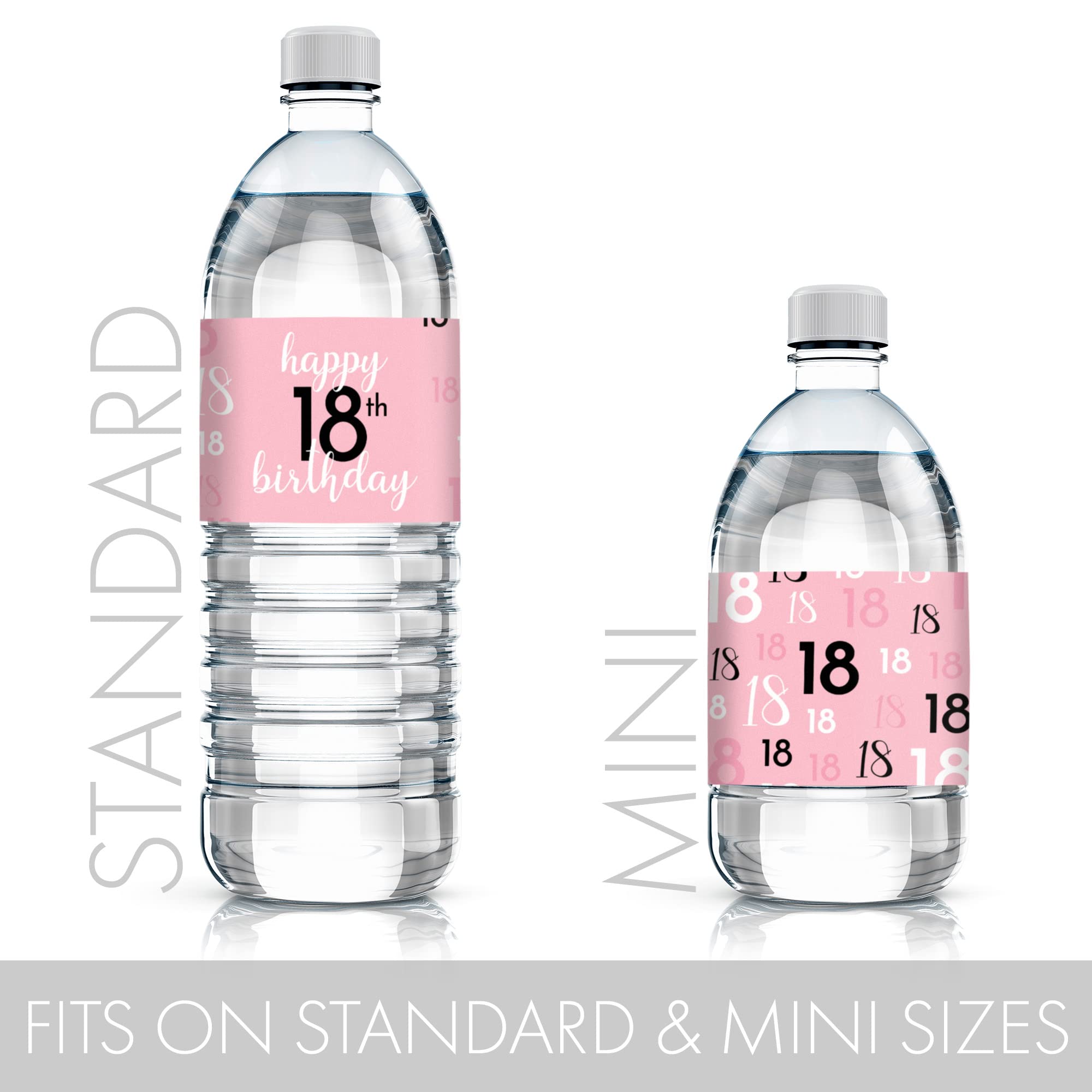 Pink, Black, and White 18th Birthday Party Water Bottle Labels - 24 Waterproof Wrappers, 18th Birthday Decorations for Girls Pink