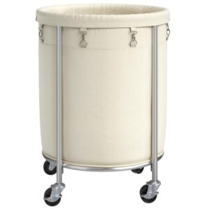 elyken laundry basket with wheels, 170l rolling laundry hamper with removable bag and steel frame, round laundry cart with 4 casters and 2 brakes, ideal for bedroom, bathroom, laundry room, cream