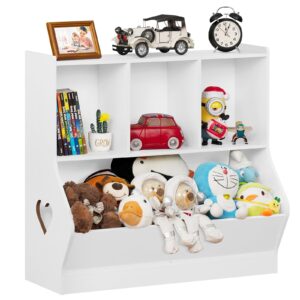 lerliuo kids storage organizer, children small bookcase and bookshelf, toddler 4 cubby cabinet, wood book shelf for playroom, bedroom, living room, nursery, school (white)