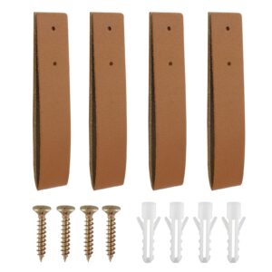 rierdge leather wall hooks, 4 pcs brown wall mounted leather straps hanger, leather strap towel hook shelf holder for kitchen bathroom bedroom