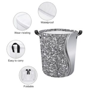 Silver Faux Glitter Glam Bling Laundry Basket Hamper Bag Dirty Clothes Storage Bin Waterproof Foldable Collapsible Toy Organizer for Office Bedroom Clothes Toys Gift Basket