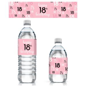 pink, black, and white 18th birthday party water bottle labels - 24 waterproof wrappers, 18th birthday decorations for girls pink