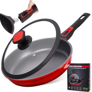 diig nonstick frying pan skillet with silicone lid, 10 inch saute pan omelet sauce pan red cookware, oven safe chef pan for cooking with detachable handle, induction gas all stoves compatible