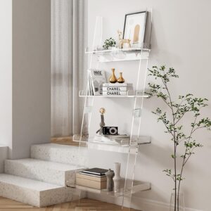 nalwort acrylic ladder bookshelf, 4-tier clear leaning book shelf, large unique bookcase, storage organizer shelf for bedroom, living room, office, 72" h x 21" w x 14" d