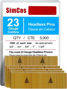 simcos 23 gauge pinner nails (5/8",3/4",5/6",1",1-3/8") assorted 5 sizes' headless pin nails for 23 ga pneumatic or electric pinner or pin gun,project pack (5000)