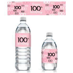 pink, black, and white 100th birthday party water bottle labels - 24 waterproof wrappers - pink birthday decorations for women