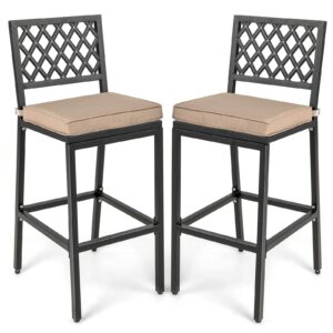 costway 2 pcs patio bar chairs, heavy-duty metal frame bar stools set of 2, indoor outdoor all-weather resistant barstools with detachable cushion & footrest, for patio, garden, poolside(2)