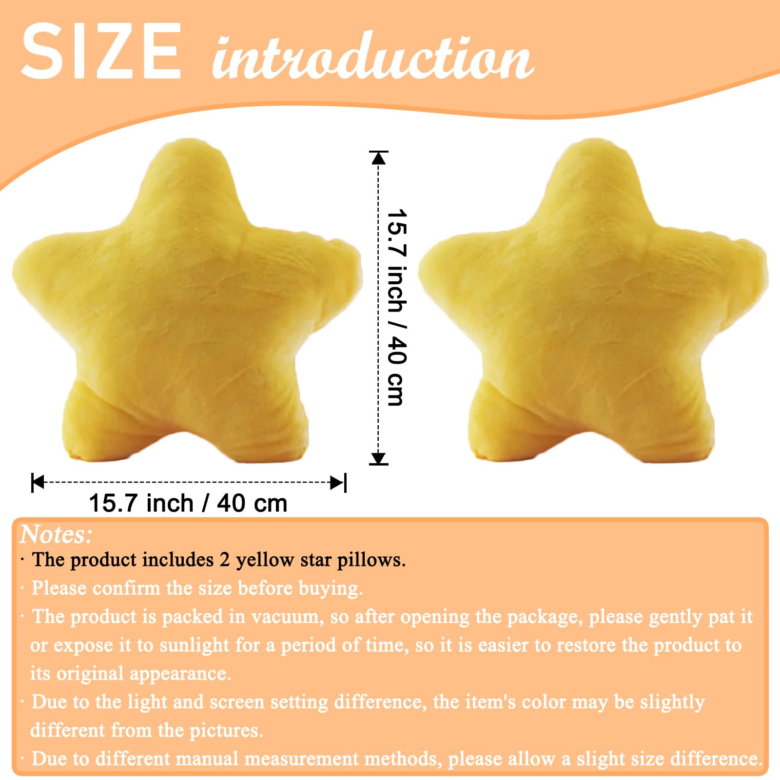 zhidiloveyou 2PCS Star Pillow Plush Yellow Stuffed Star Shaped Pillow Cute Toy for Kids 15.7"