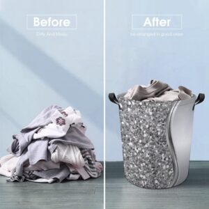 Silver Faux Glitter Glam Bling Laundry Basket Hamper Bag Dirty Clothes Storage Bin Waterproof Foldable Collapsible Toy Organizer for Office Bedroom Clothes Toys Gift Basket